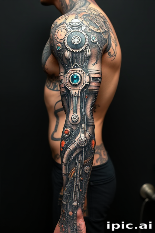 Intricate Cybernetic Tattoo Design Featuring Gears and Futuristic ...
