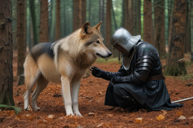 knight in forest dying to wolves