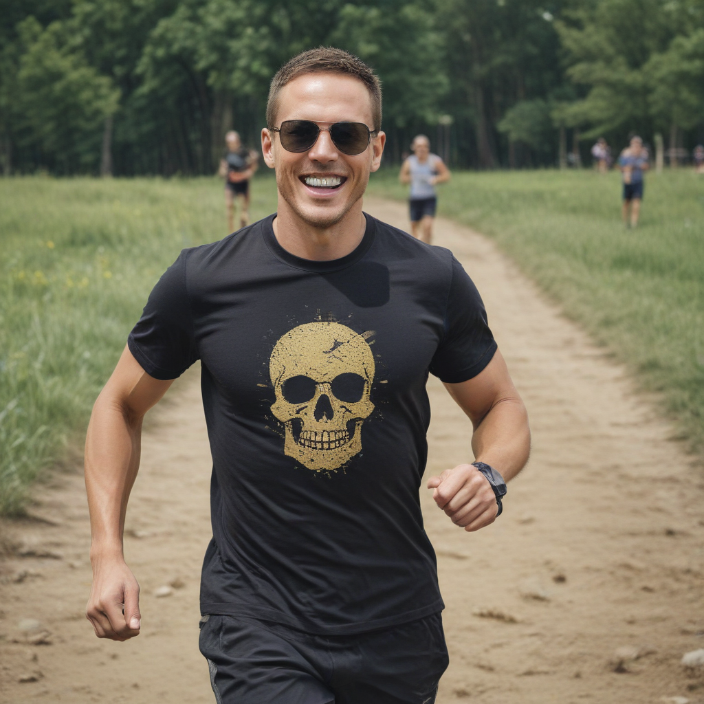 a man in a metalica skull t-shirt running a spartan race on a sunny day