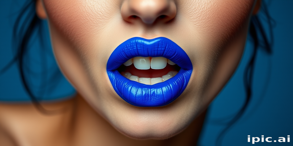 Daring woman lips painted in electric blue matte lipstick, full face ...