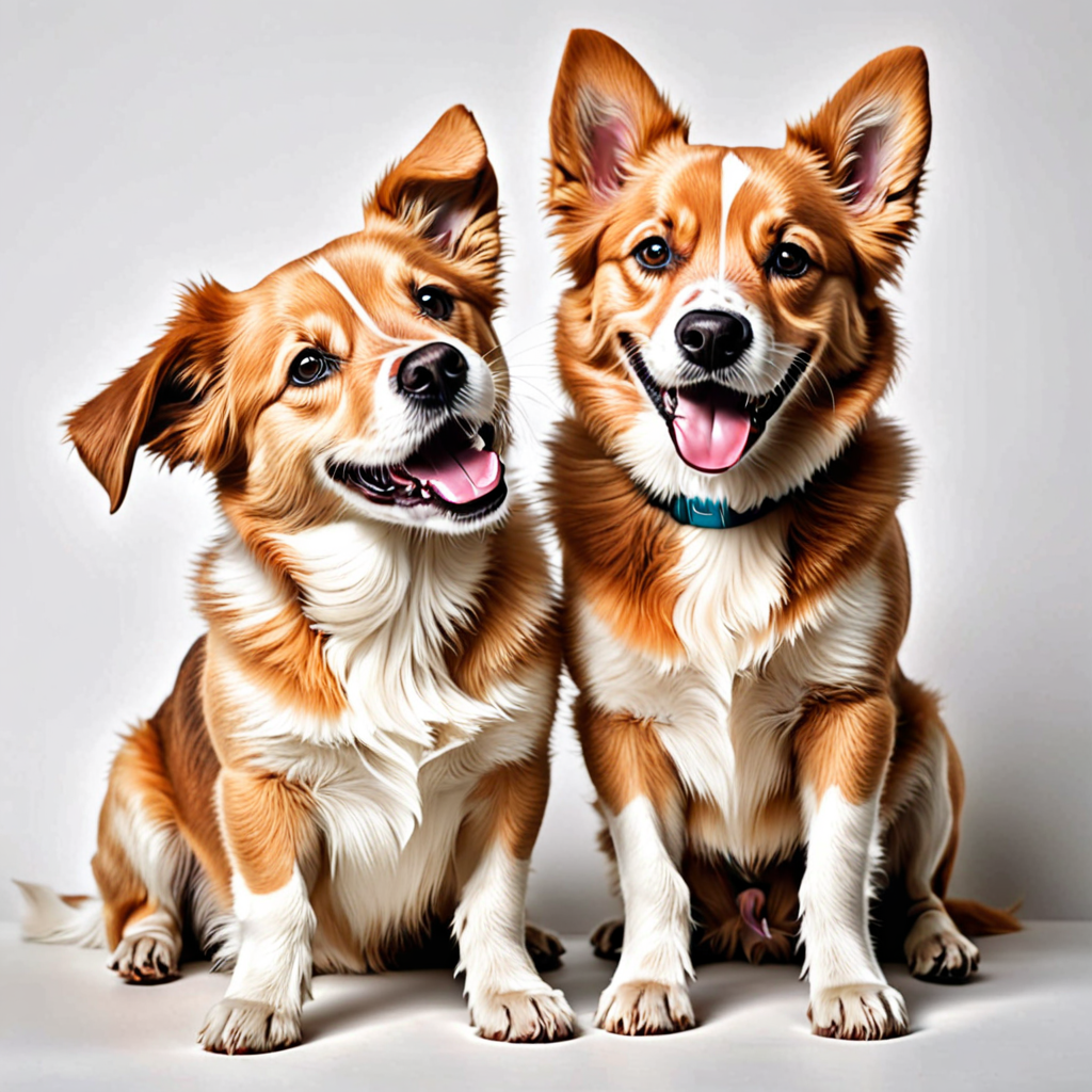 happy cute, 2 dogs, playing, white background, realistic graphic design ...