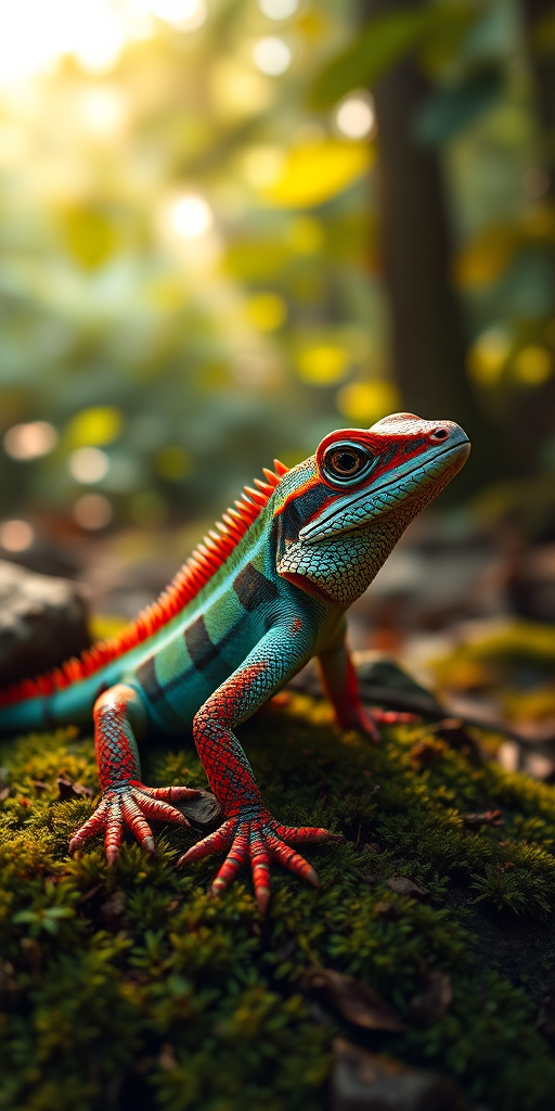 Create a hyper-realistic image of a colorful lizard with spines sitting ...