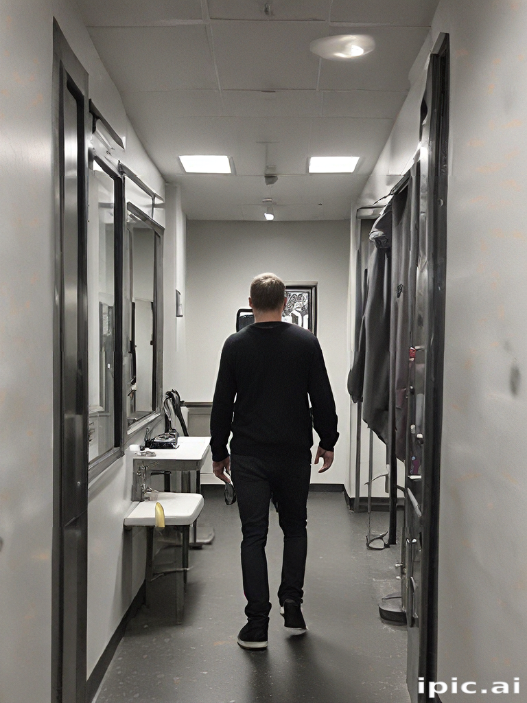 A Man Walking Down a Narrow Hallway in a Modern Building.