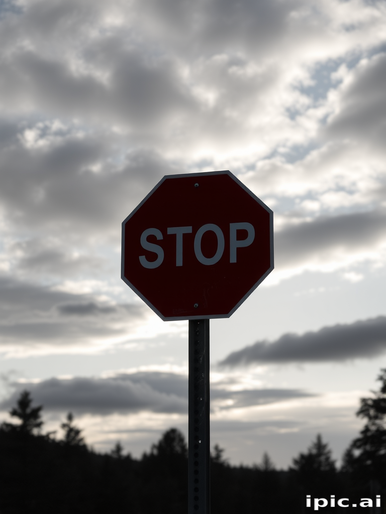 Red Stop Sign Against a Dramatic Sky with Clouds and Trees