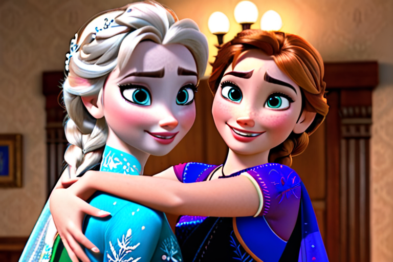Elsa hug Anna in saree indian smile frozen disney smile look at camera ...