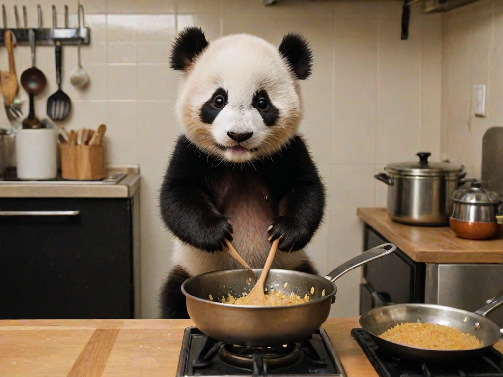 A Playful Panda Chef Cooking Delicious Fried Rice in the Kitchen.