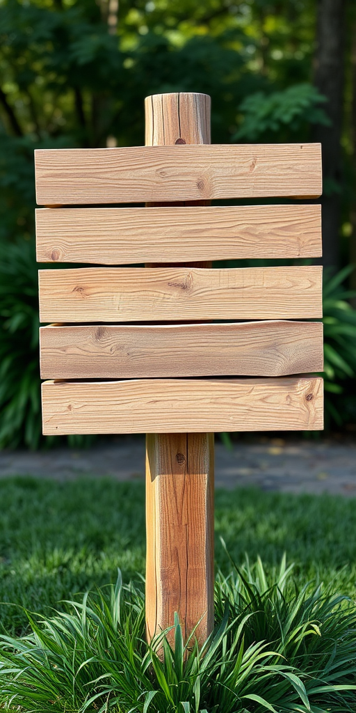 Wooden Sign Post with Blank Planks Surrounded by Lush Greenery Outdoors