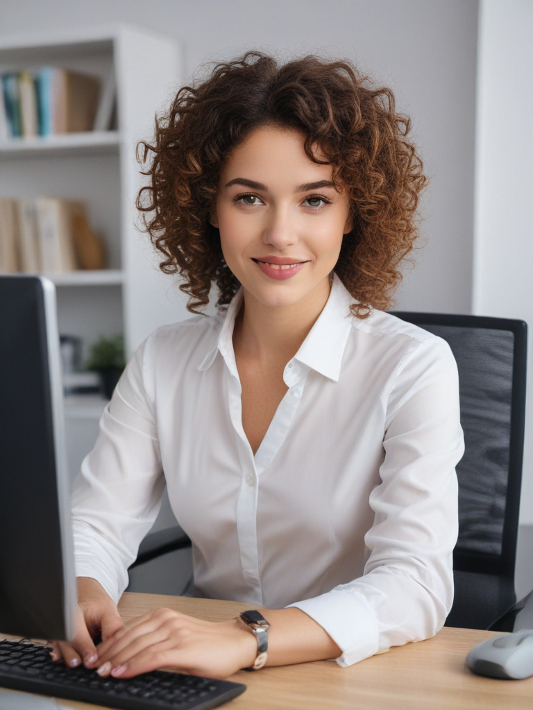 woman manager with brown curly hair, managing two pople, add office ...