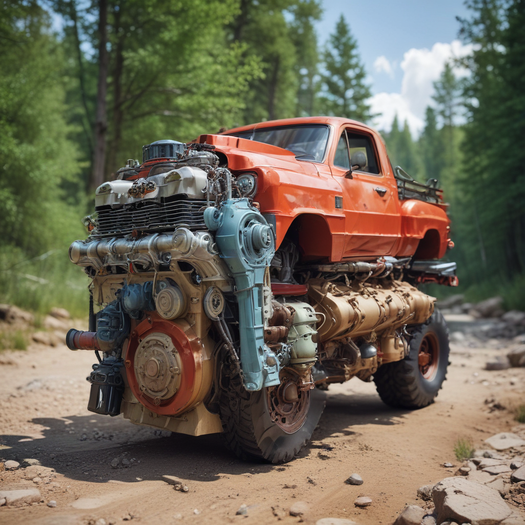 Cubist chevy engine w/ running, climbing, rafting, off of it in soviet ...