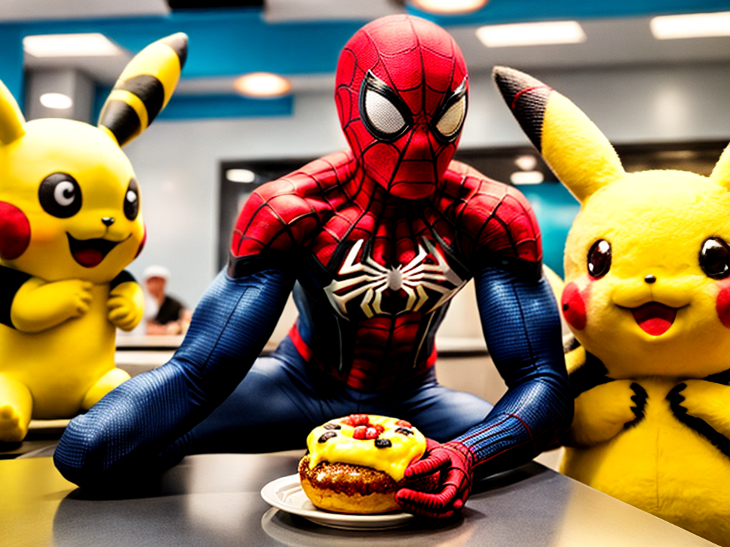 SPIDER-MAN EATING DONUT WITH PIKACHU IN PIZZARIA