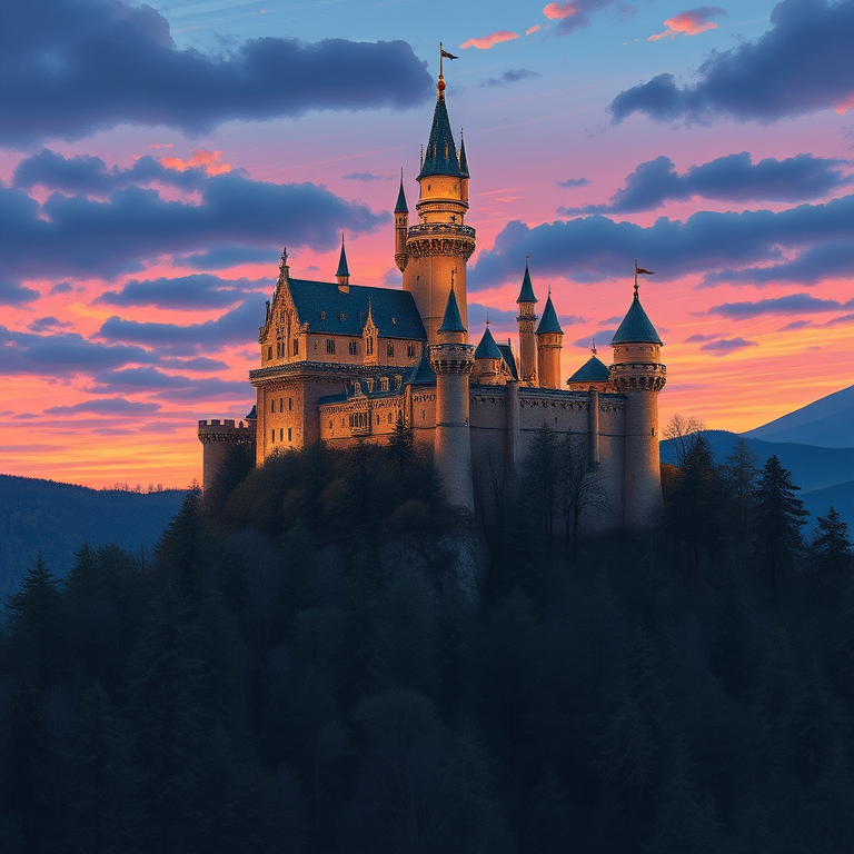 Enchanting Castle on a Hill Bathed in Sunset's Golden Glow