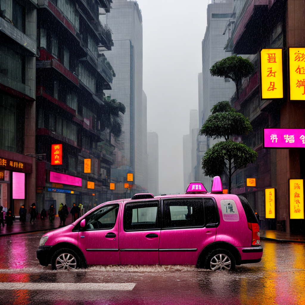 pink taxi parked on a wet street in central beijing while rain ...