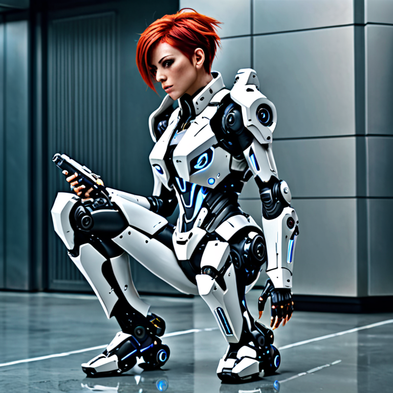 personification of ai. red hair. Full robot body. crouch. phhoto ...