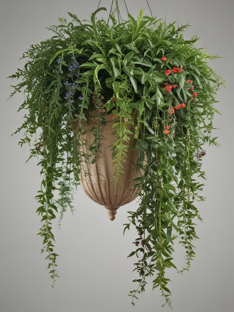Lush Green Hanging Plant Displaying Vibrant Foliage and Colorful Accents.