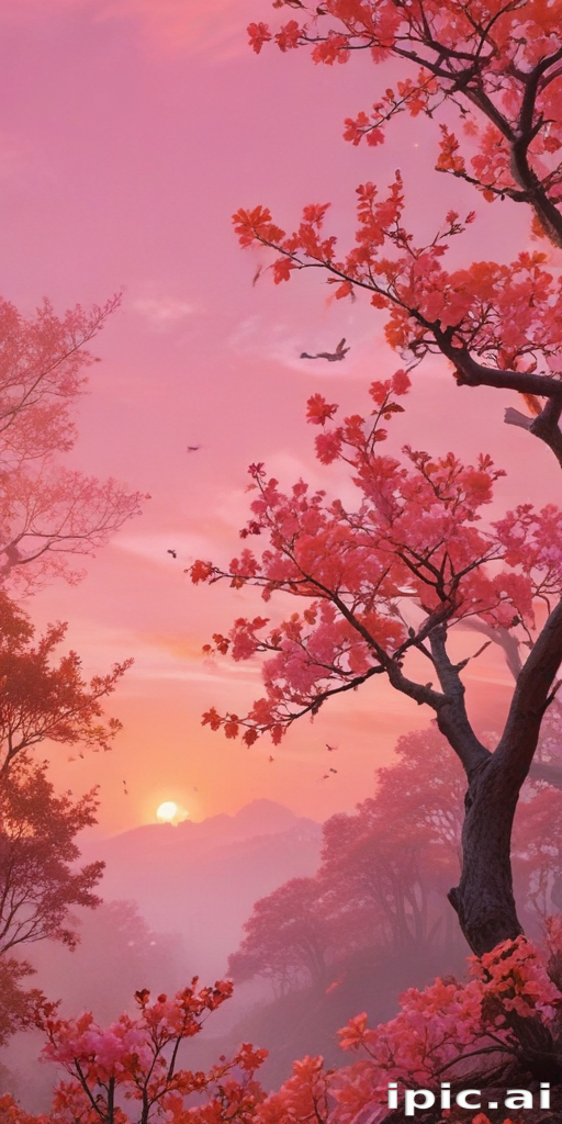 Serene Sunset Over Blossoming Cherry Trees in a Tranquil Landscape