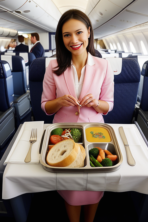 Elegant Flight Attendant Serving a Gourmet Meal to Passengers in Airplane