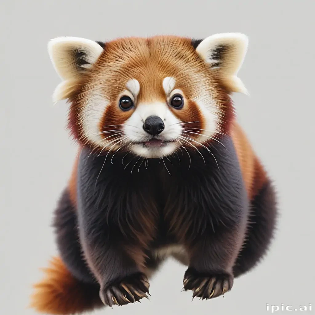 A Playful Red Panda Leaping Joyfully Against a Soft Gray Background
