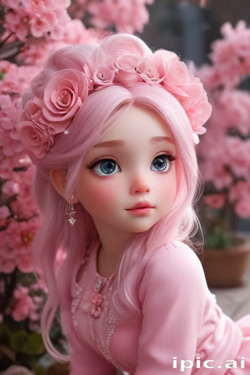 A Delicate Doll with Pink Hair Surrounded by Blossoming Cherry Flowers