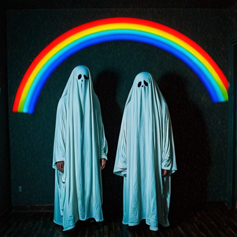 two ghosts in a dark room with rainbow lighting