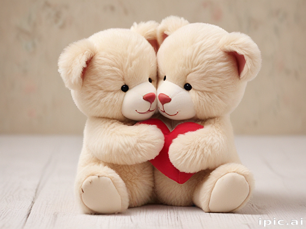Two Adorable Teddy Bears Embracing While Holding a Red Heart Together