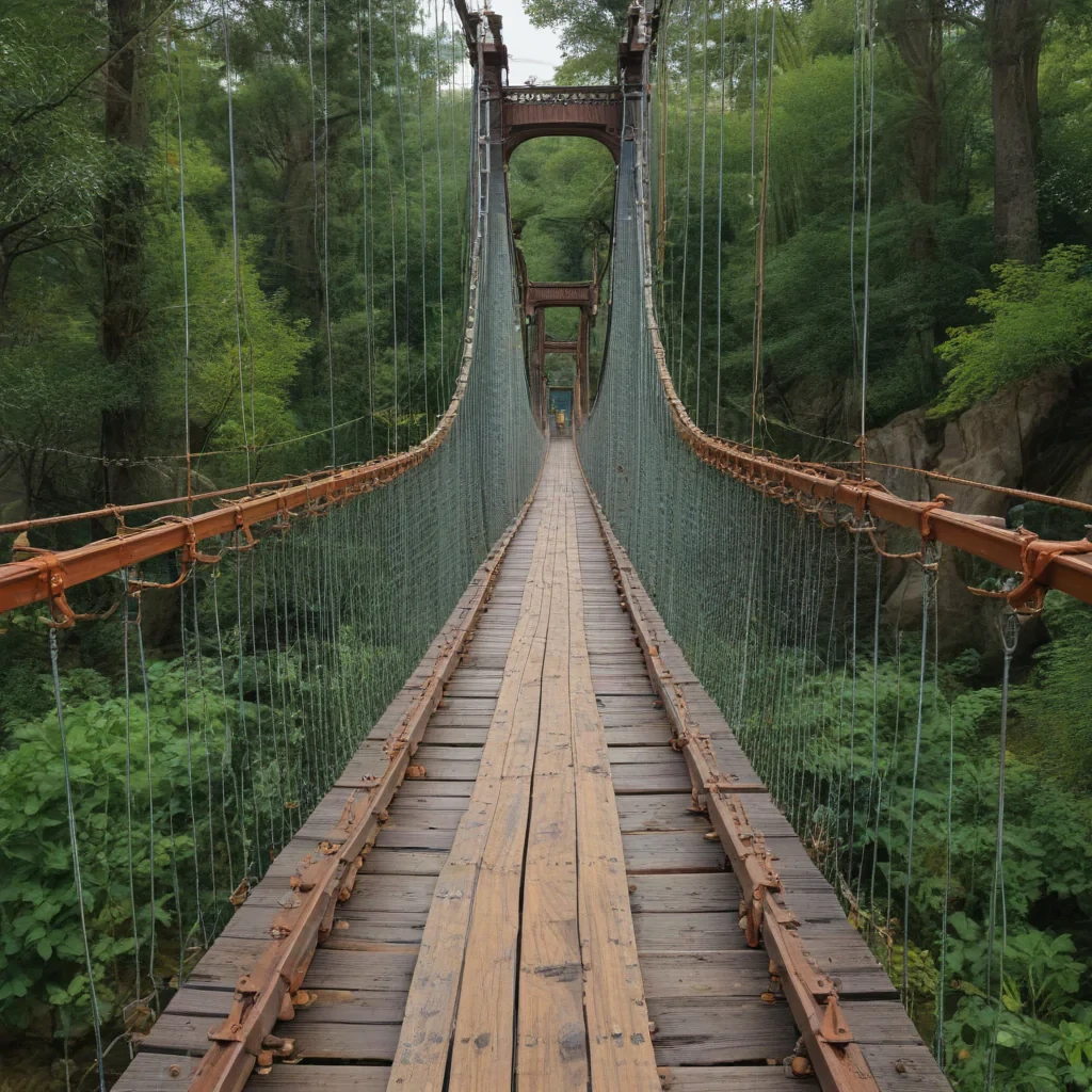Suspension Bridge Surrounded by Lush Greenery in a Serene Forest Setting