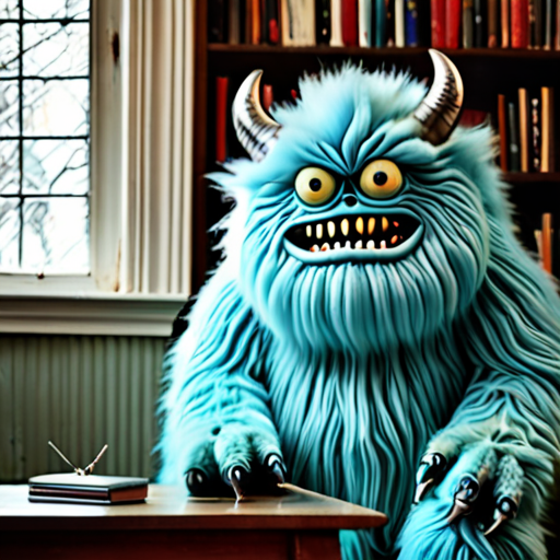 Photo realistic mid century realistic creepy fluffy light blue monsters