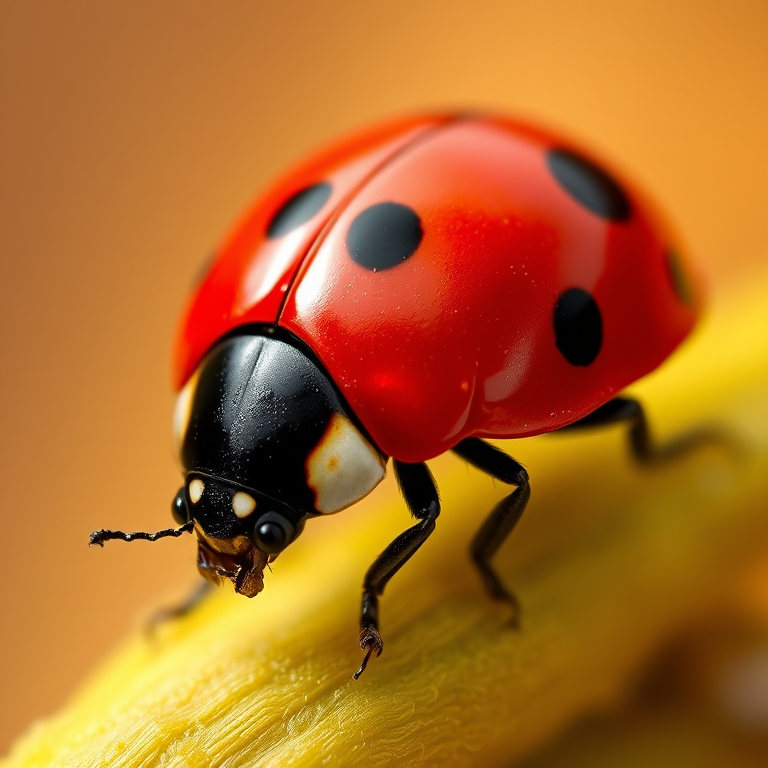 Create a vibrant and detailed illustration of a ladybug with bright red ...