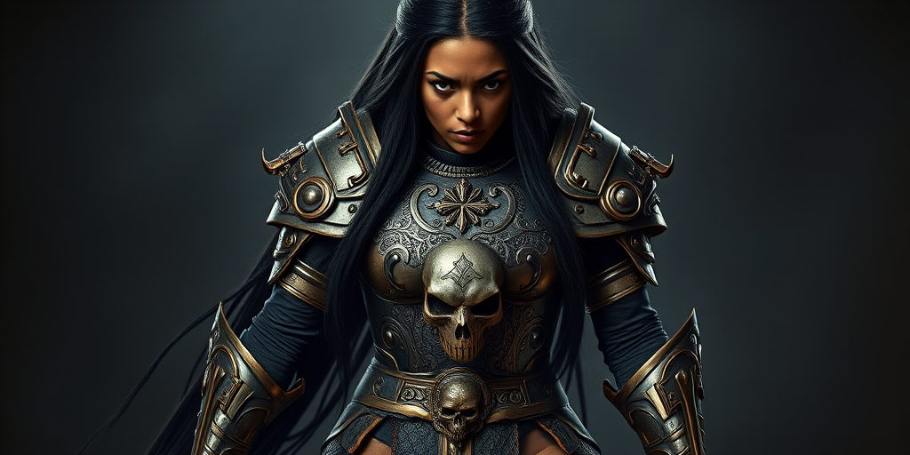 Powerful Warrior in Intricate Armor Staring Fiercely at the Viewer
