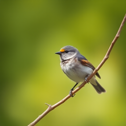 Capture a close-up of a small bird perched on a thin branch with a soft ...