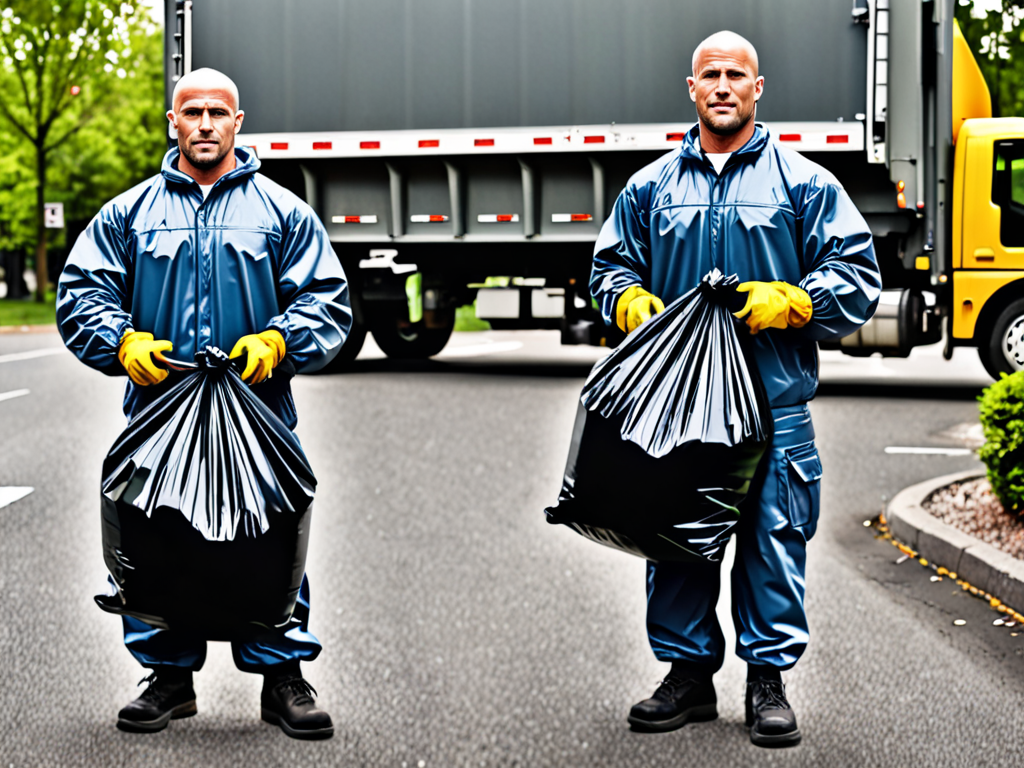 realistic handsome bald muscular garbagemen carrying black garbage bags ...