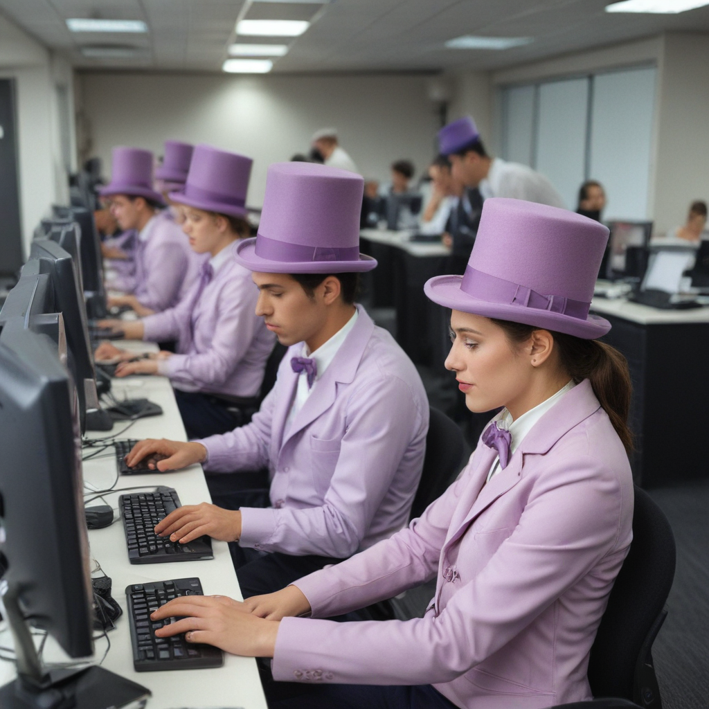 people in lilac top hats sit at computers