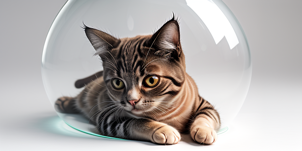 Curious Tabby Cat Relaxing Comfortably Inside a Transparent Glass Dome