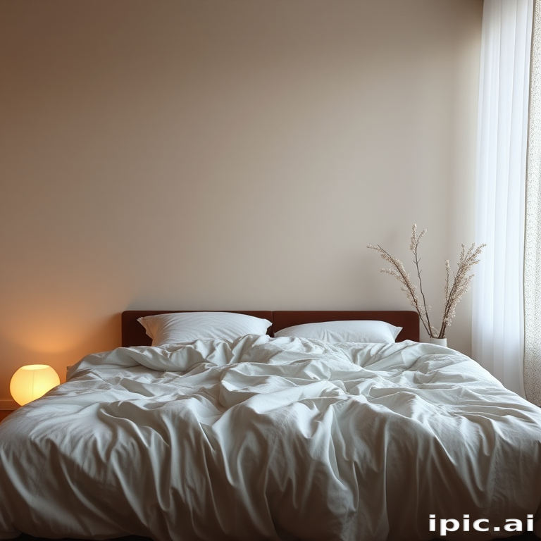 Cozy and Serene Bedroom Setting with Soft Lighting and Minimalist Decor.