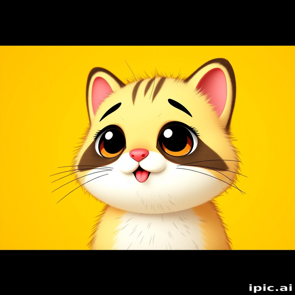 Adorable Cartoon Cat with Big Eyes Against a Bright Yellow Background
