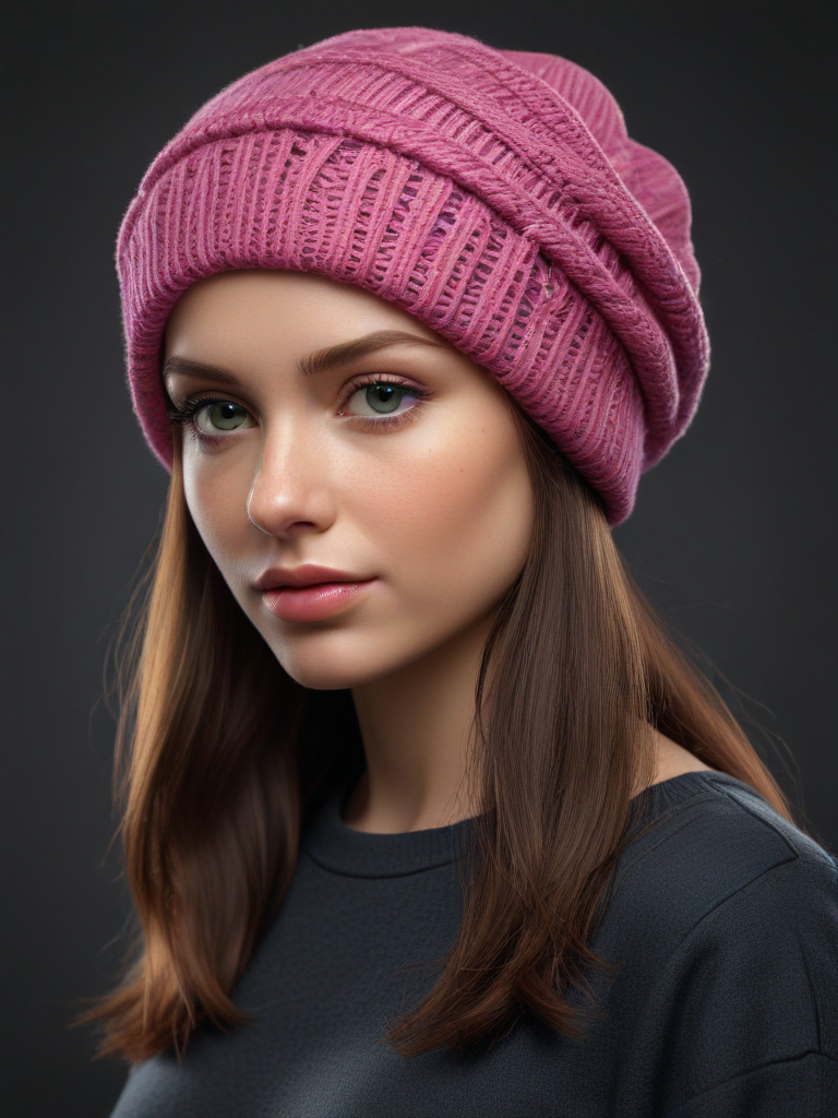 Portrait of a Young Woman Wearing a Stylish Pink Knit Beanie