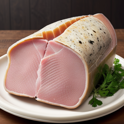 A Deliciously Sliced Ham on a Plate with Fresh Green Garnish.