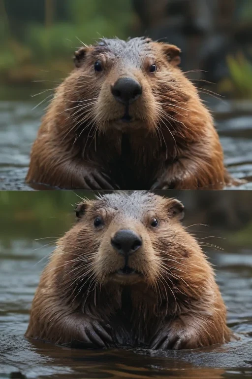 A Curious Beaver Peeks Out from the Water in Its Habitat.
