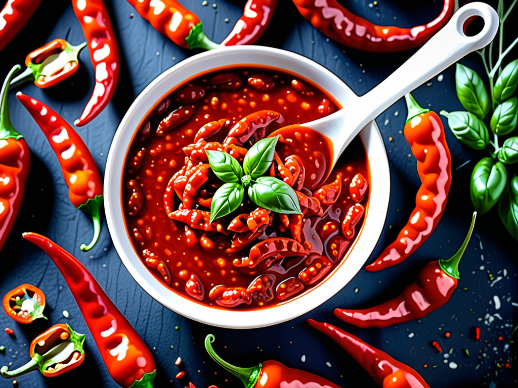 Vibrant Chili Sauce Surrounded by Fresh Red Peppers and Green Basil
