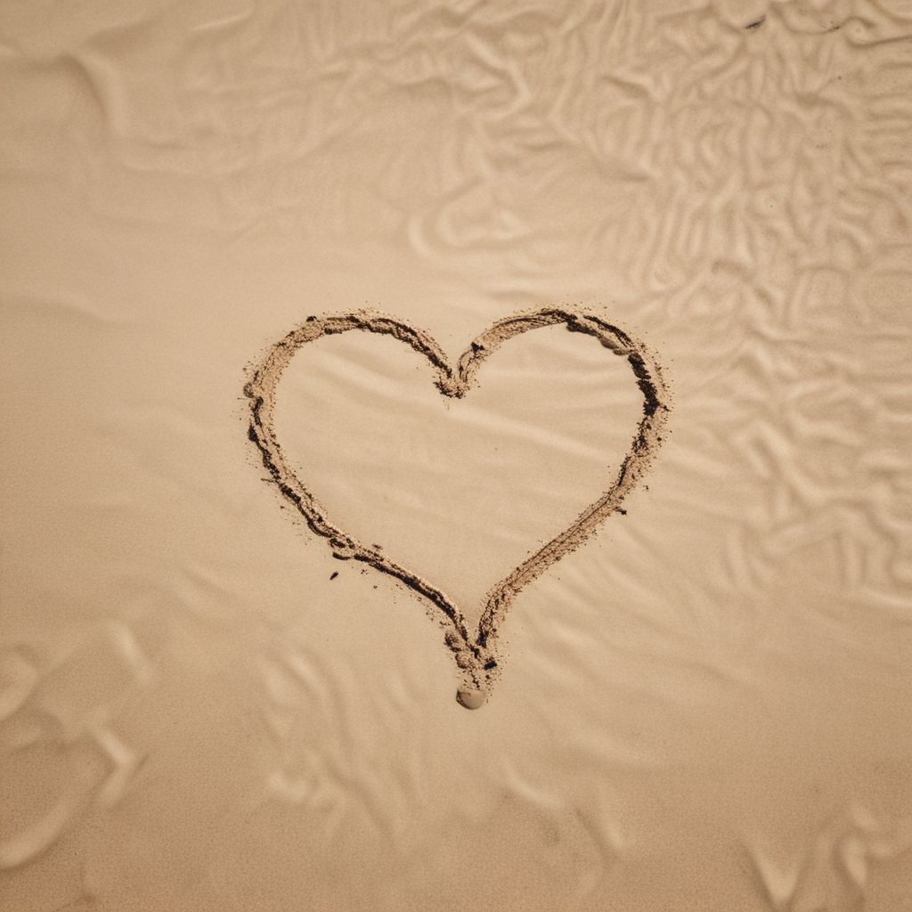 drawing of a heart with an L inside on sand