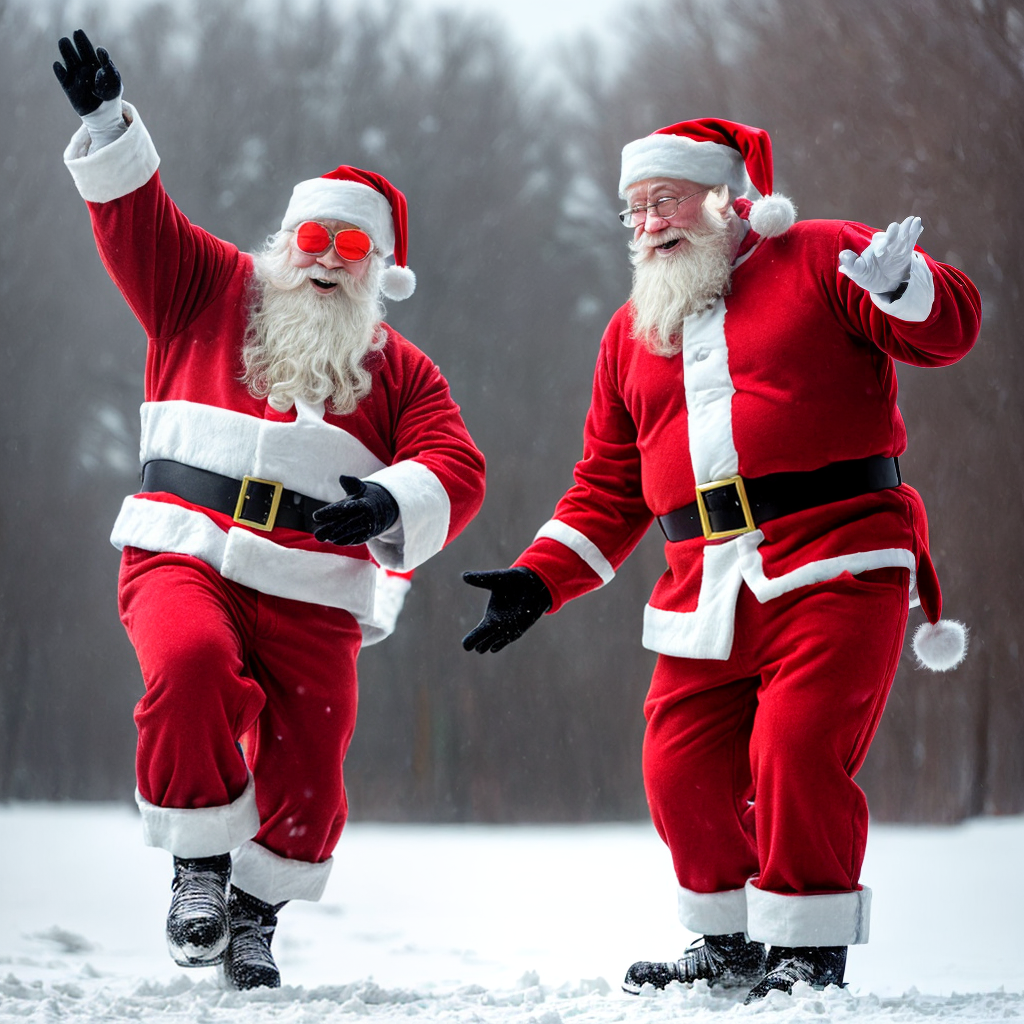 Santa Claus dancing in heavy snow