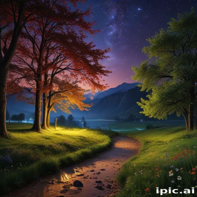 A Tranquil Evening Landscape with Starry Sky and Colorful Autumn Trees