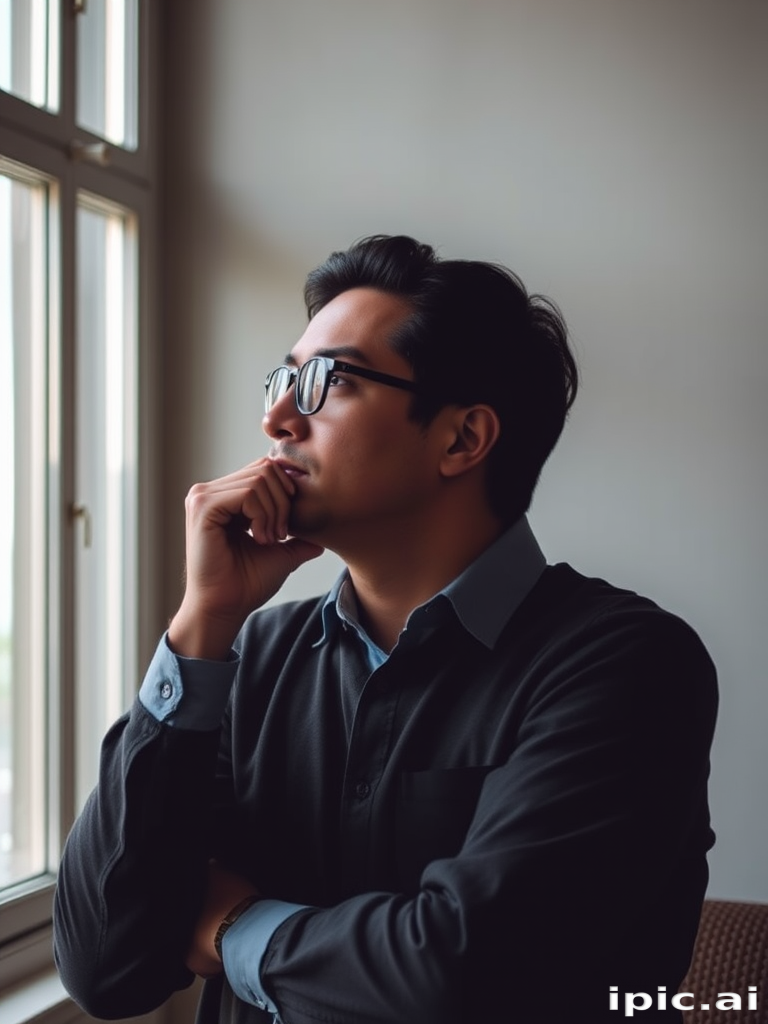Contemplative Man Gazing Out the Window Deep in Thoughtful Reflection