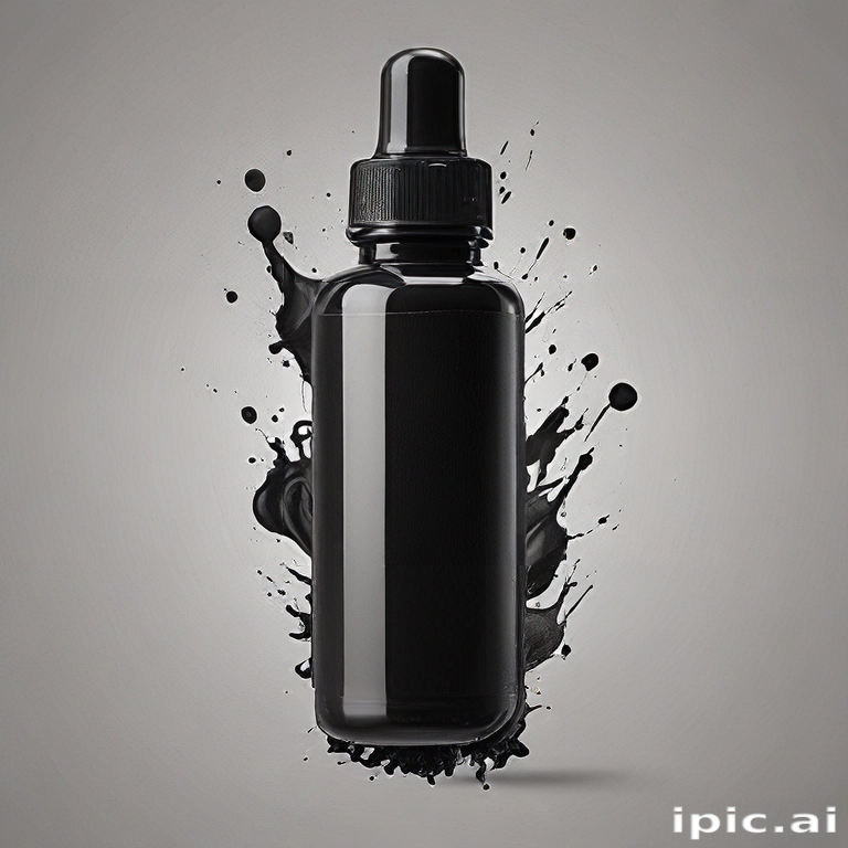 Elegant Black Dropper Bottle Surrounded by Dramatic Black Ink Splash