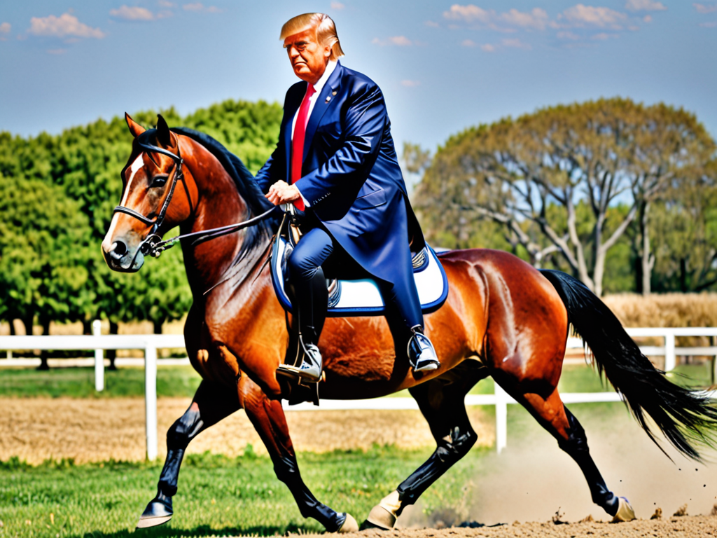 Donald trump riding a horse photo realistic