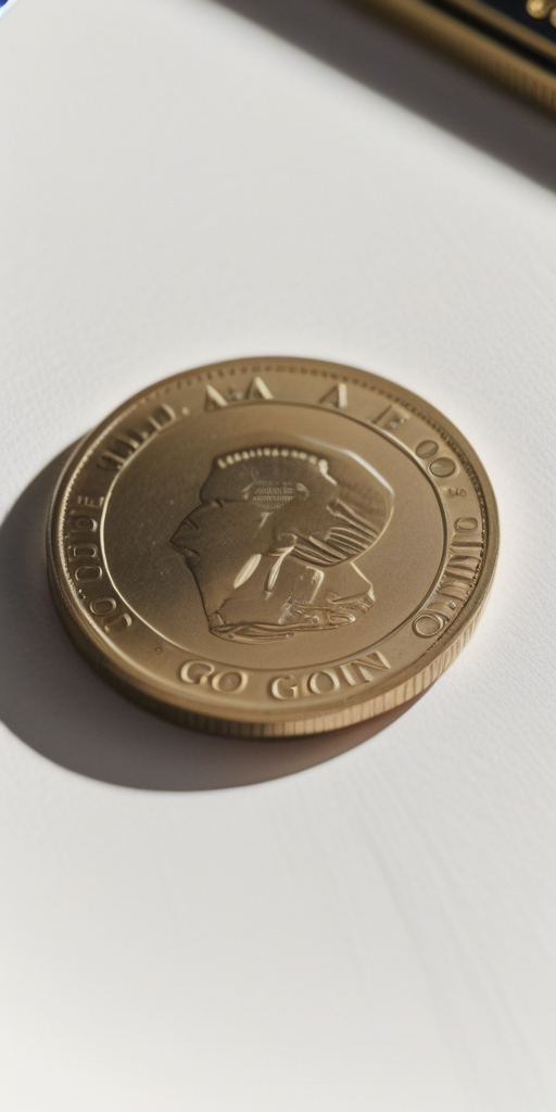 Golden Coin Featuring Profile Design with Engraved Text and Symbolic ...