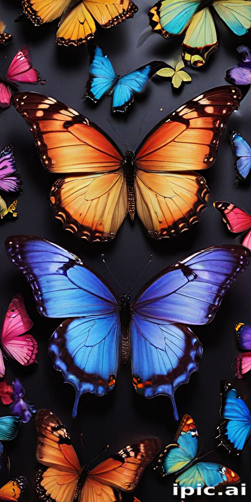 A Vibrant Display of Colorful Butterflies in Various Sizes and Patterns.