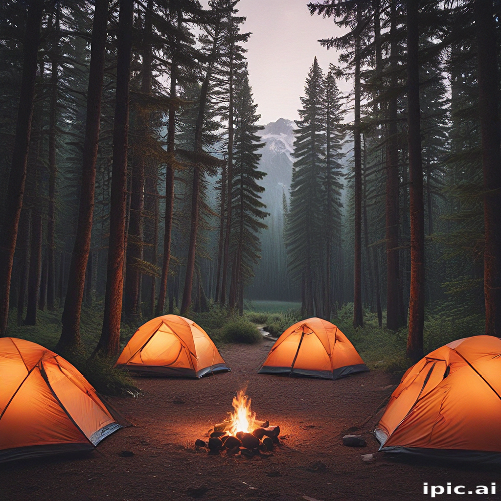 Cozy Campground Scene with Orange Tents and a Warm Fire