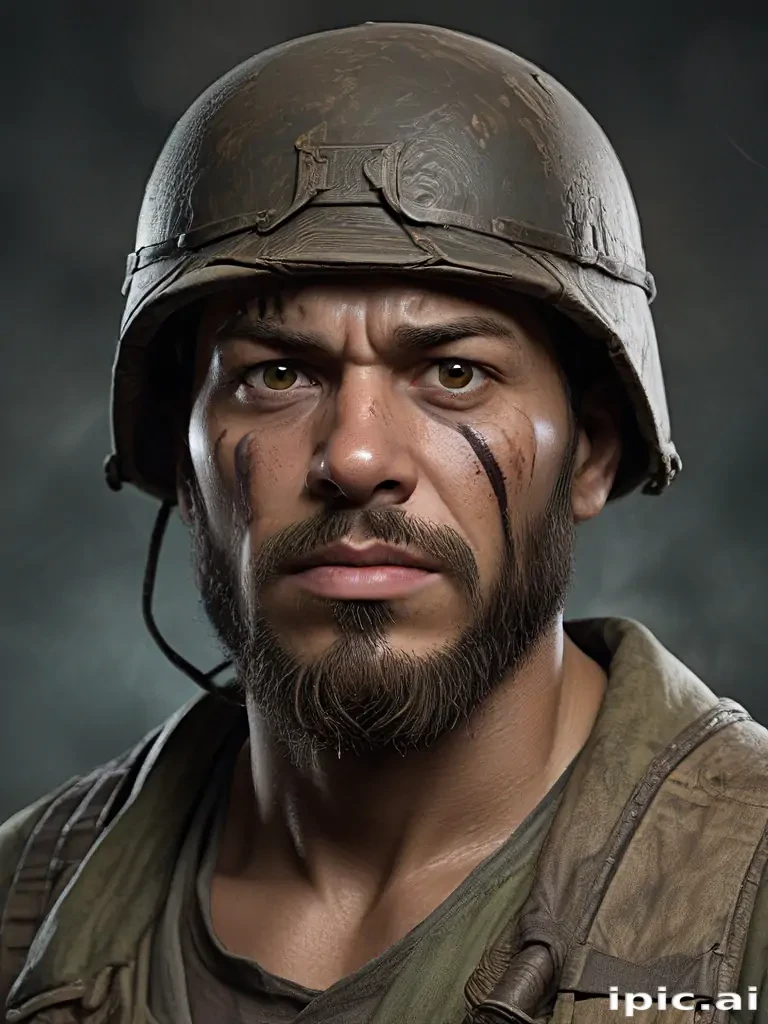 Portrait of a Resilient Soldier with a Determined Expression and Battle ...