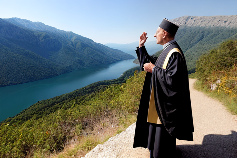 greek priest chanting in mountain, lake
