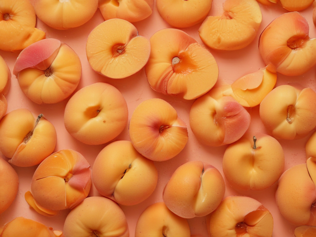 Vibrant Arrangement of Freshly Cut Apricots on a Soft Pink Background